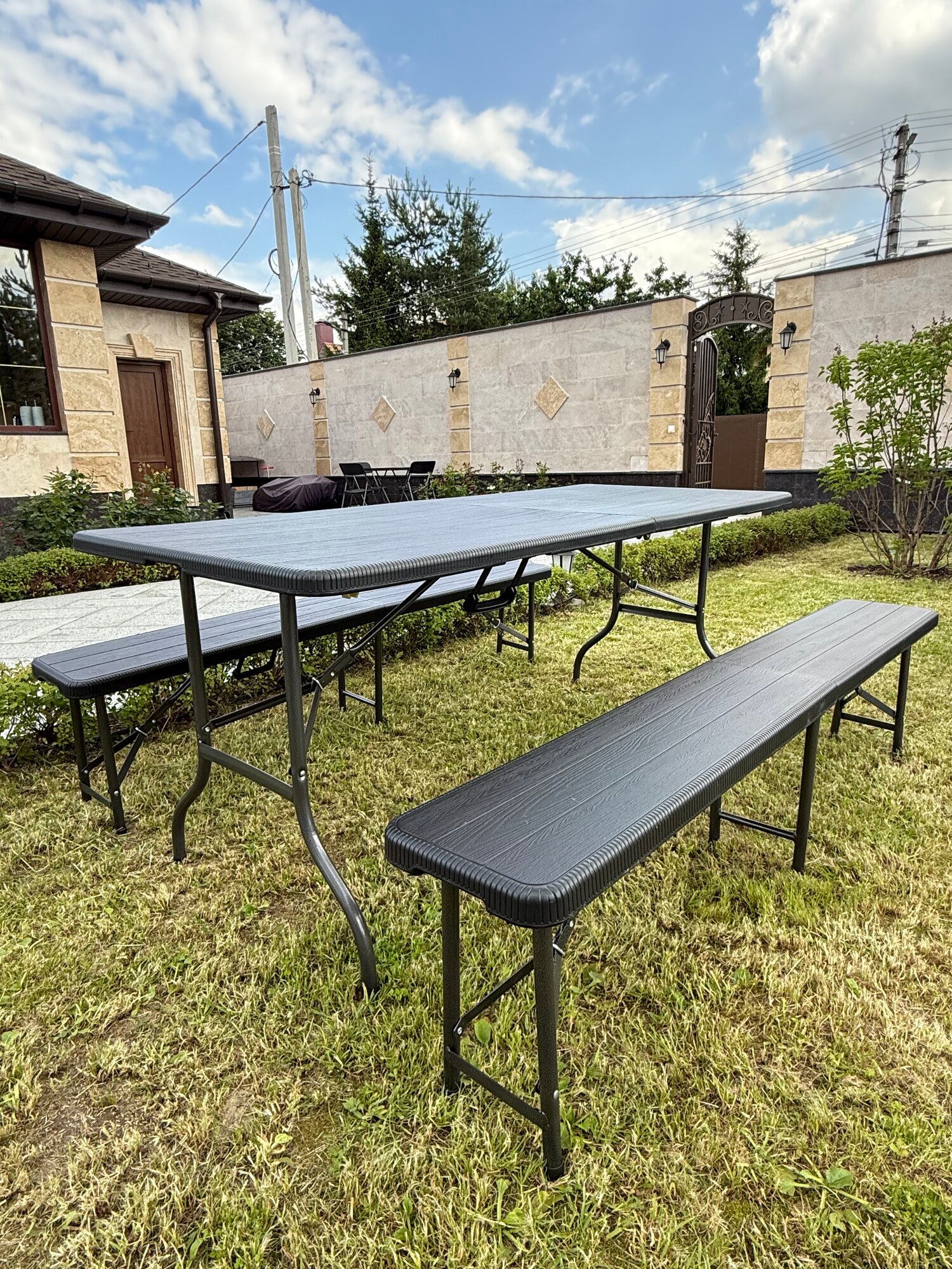 Комплект пластиковых садовых скамей (2 шт) и стола (180×75×73 см) Full Comfort Bear-8+Bear-1, плетение под ротанг