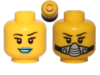 Minifigure, Head Dual Sided Female Black Eyebrows, Eyelashes, Dark Azure Lips, Open Mouth Smile with Teeth / Breathing Apparatus Pattern, 3626pb0878 Yellow U