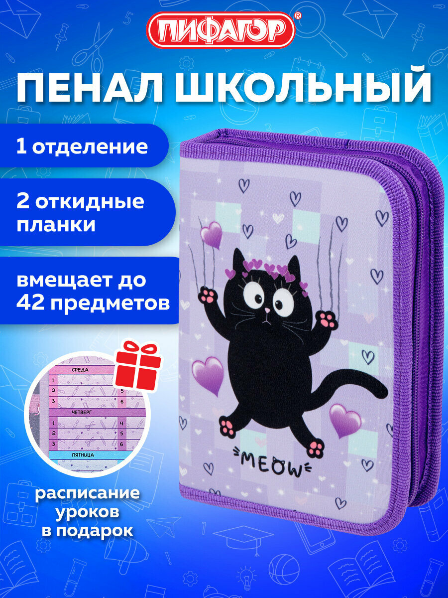 Пенал школьный для девочек для карандашей и ручек с 1 отделением, канцелярия для школы, 2 откидные планки, полиэстер, 20х14, Пифагор Cat, 272287