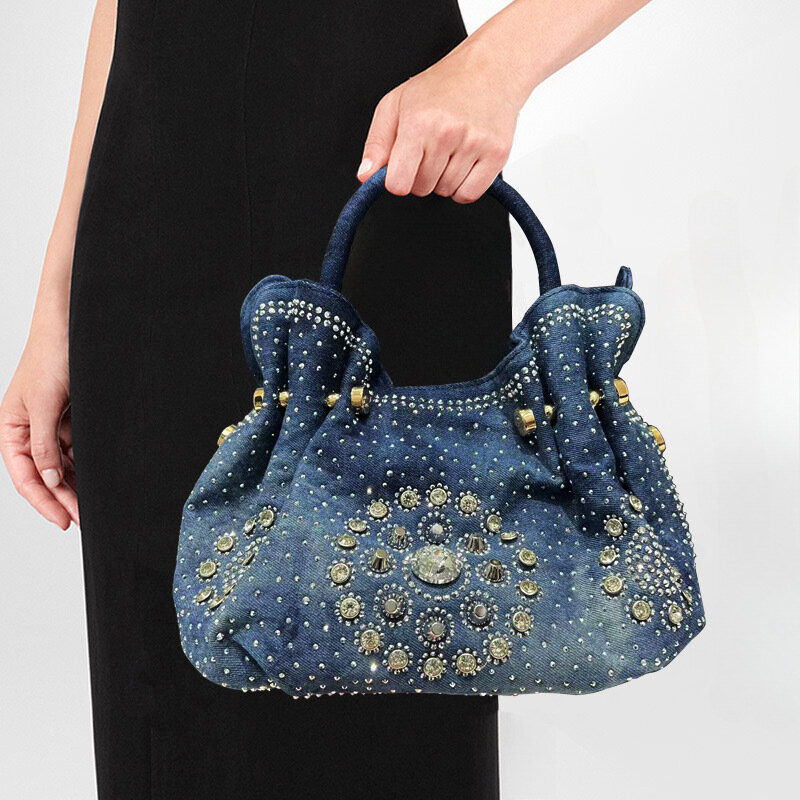 Модная джинсовая элегантная сумочка сумочка, инкрустированная бриллиантовым светским светом, роскошные диагональные ремешки с одним плечом