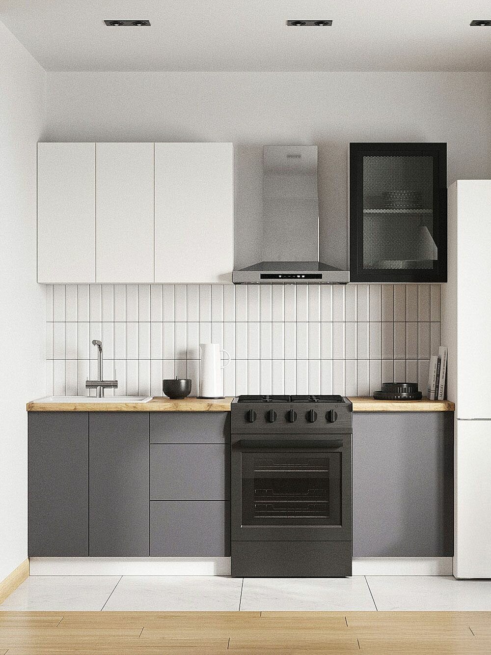 Кухонный гарнитур Тандем 1.5 м, мебель для дома и кухни, Белый / Черный матовый / Графит