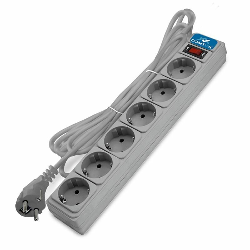 Удлинитель с сетевым фильтром 6х1.8м с заземл 10А IP20 2.2кВт ПВС 3х1 с выкл. сер. DOMTOK 2518