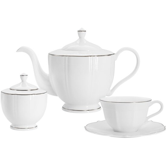 Сервиз чайный Anna Lafarg Lotus silver 14 предметов, 6 персон, фарфор, белый, с серебристым кантом (AL-1314L-E11)