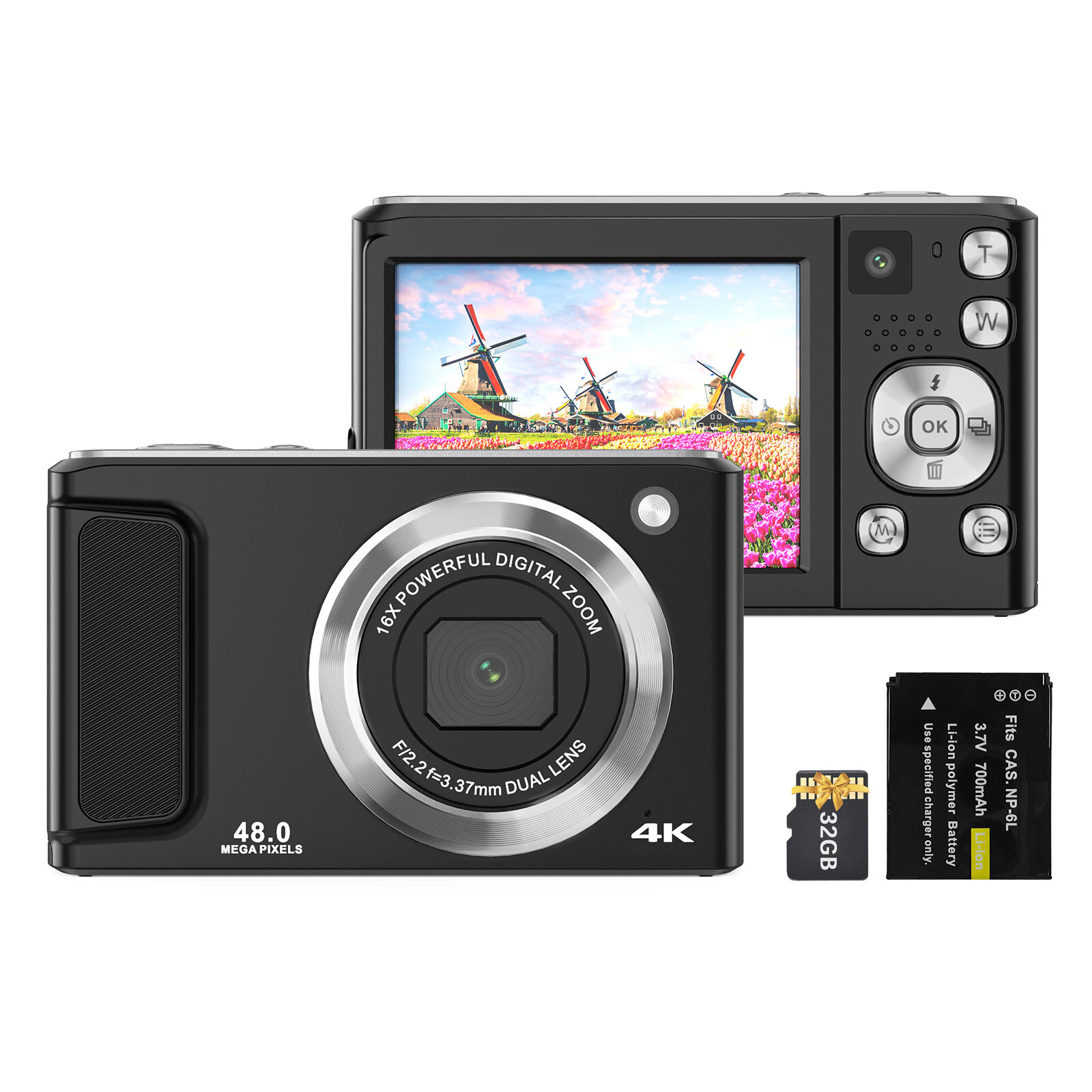 4K Цифровая камера Цифровая видеокамера 48MP Двойной объектив 2,8 дюйма IPS экран Автофокус 16X цифровое увеличение Встроенная вспышка Батарея с 32 ГБ TF картой Подарок на день рождения для детей,