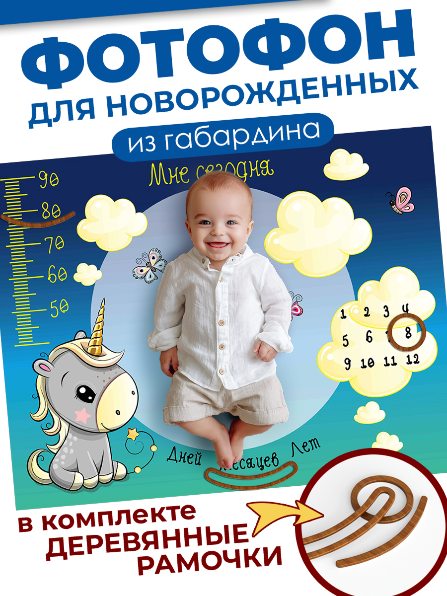 Плед фотофон для новорожденных малышей по месяцам из габардина Unicorn_Grey/162698/ ростомер