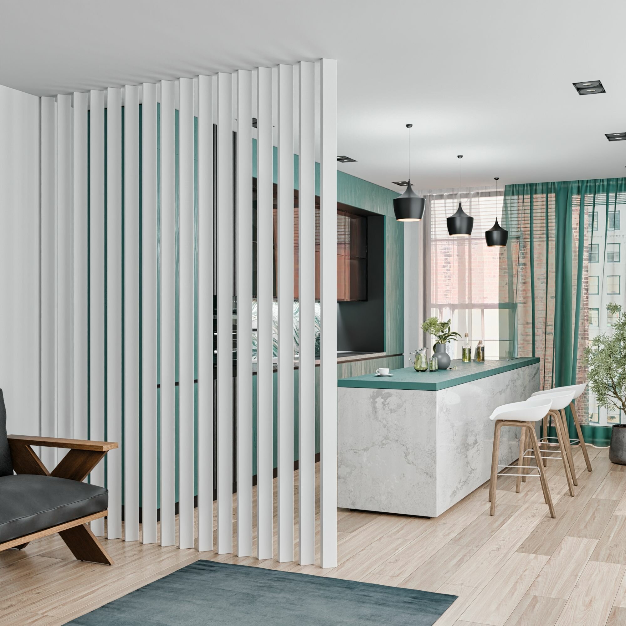 Перегородка реечная для зонирования, отдельностоящие 40х80 мм, ширина 2004 мм, белые