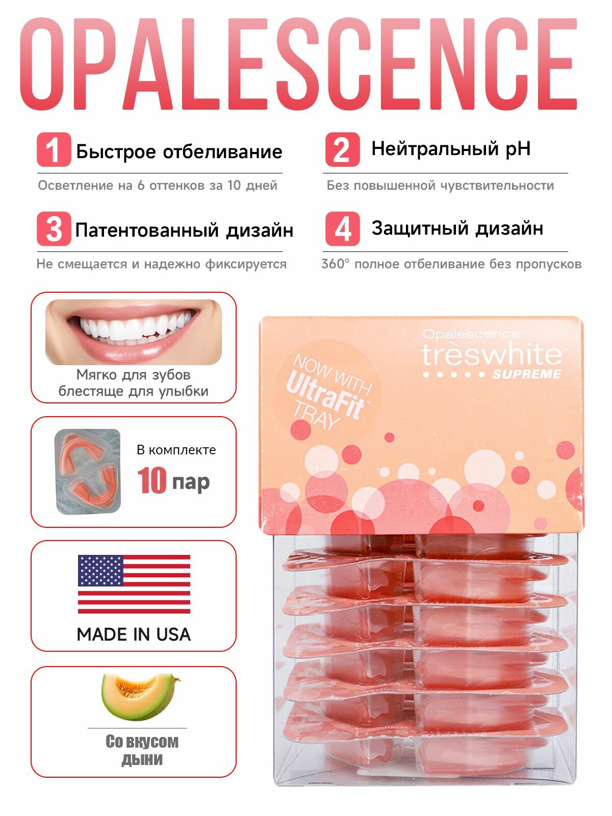 Opalescence Trswhite Supreme 10% Набор для домашнего отбеливания зубов (10 капп), вкус дыня Ultradent, США