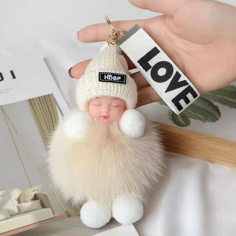 Premium quality fox fur pom pom charm with cute doll for eye-catching bag accessories