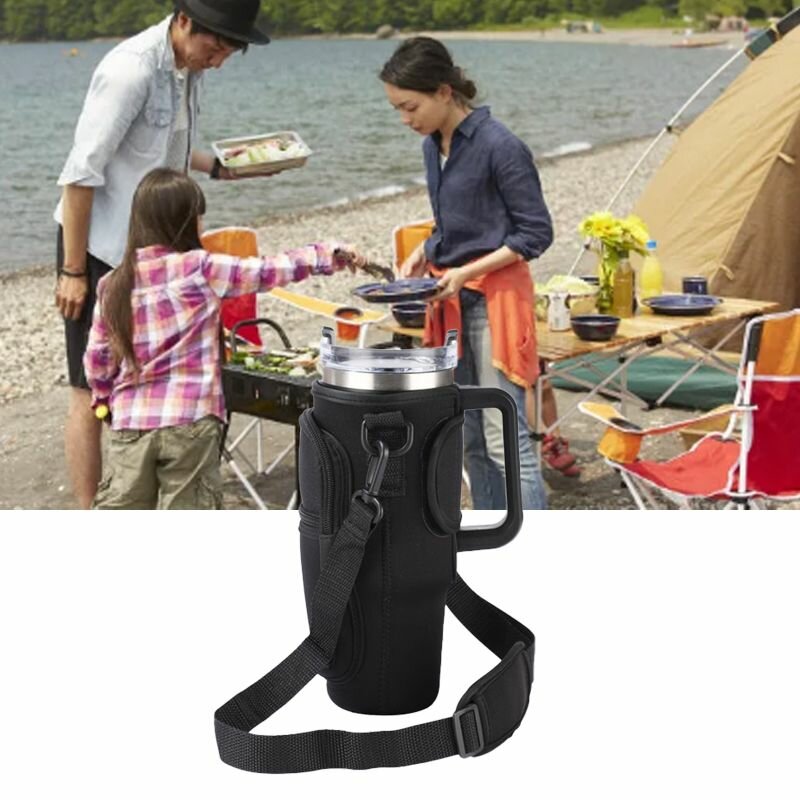 Сумка для бутылки с водой, противоскользящий портативный двухслойный держатель для бутылки с водой с ручкой, подходит для изолированных стаканов Stanley на 40 унций, черный