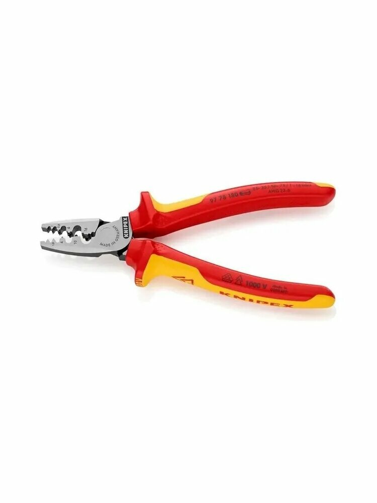 Пресс-клещи обжимные Knipex для контактных гильз VDE, 9 гнёзд, DIN 46228 1+4, 0.25-16 кв. мм, 180 мм, 2-комп диэлектрические ручки KN-9778180,