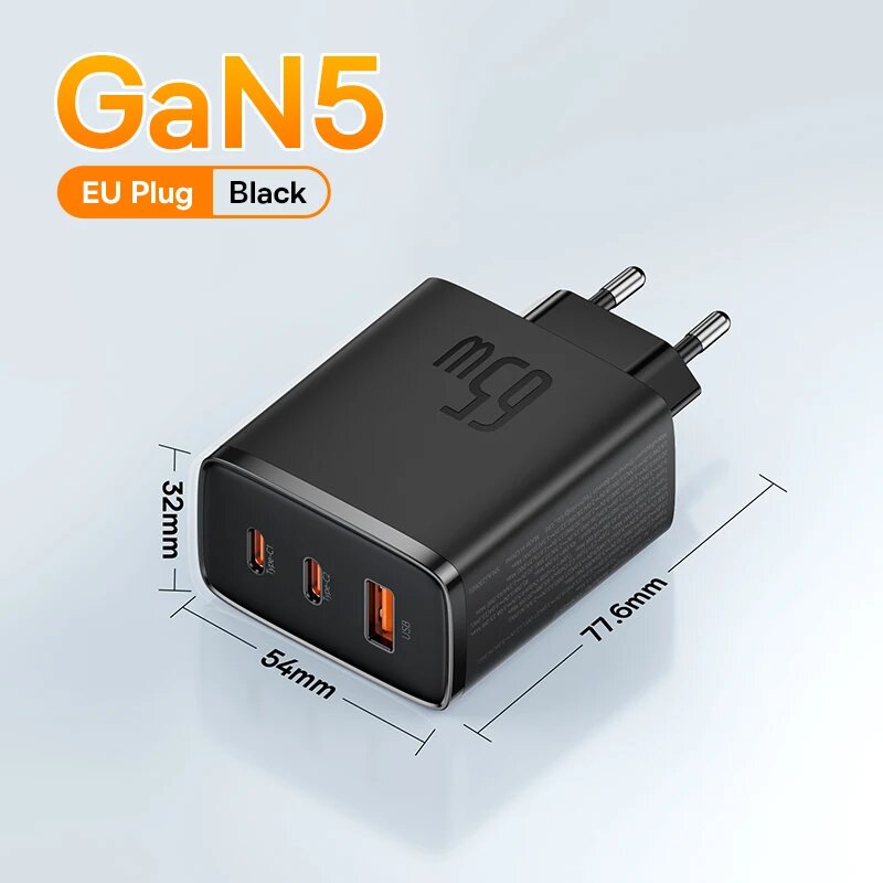 Зарядное устройство Baseus 65 Вт GaN PD Charge Type C USB-зарядное устройство Поддержка портативного быстрого зарядного устройства QC для iPhone 17 16 15 14 13 12 Зарядное устройство для ноутбука, Black EU Plug