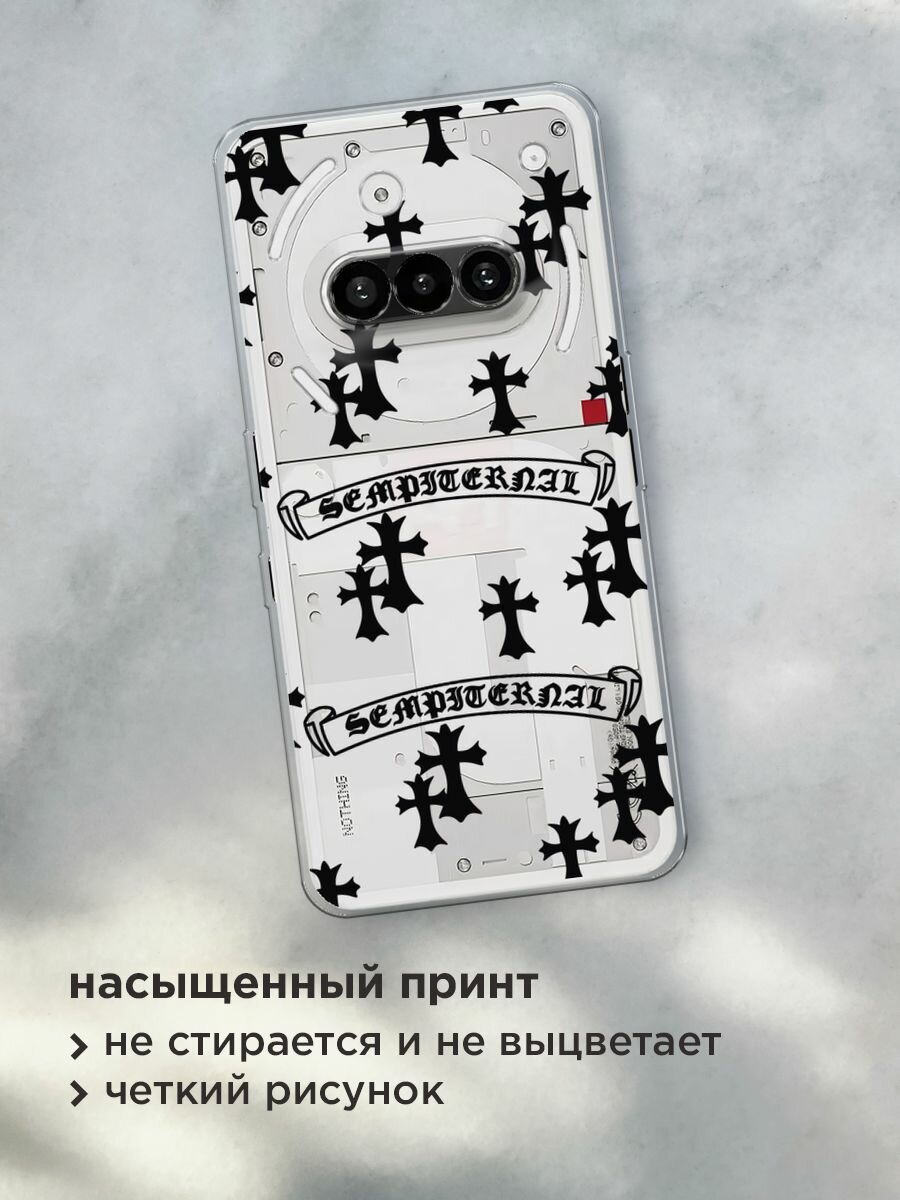 Чехол на Nothing Phone 3a / Нотинг Фон 3а с принтом "Кресты паттерн чёрный", прозрачный — фото 1