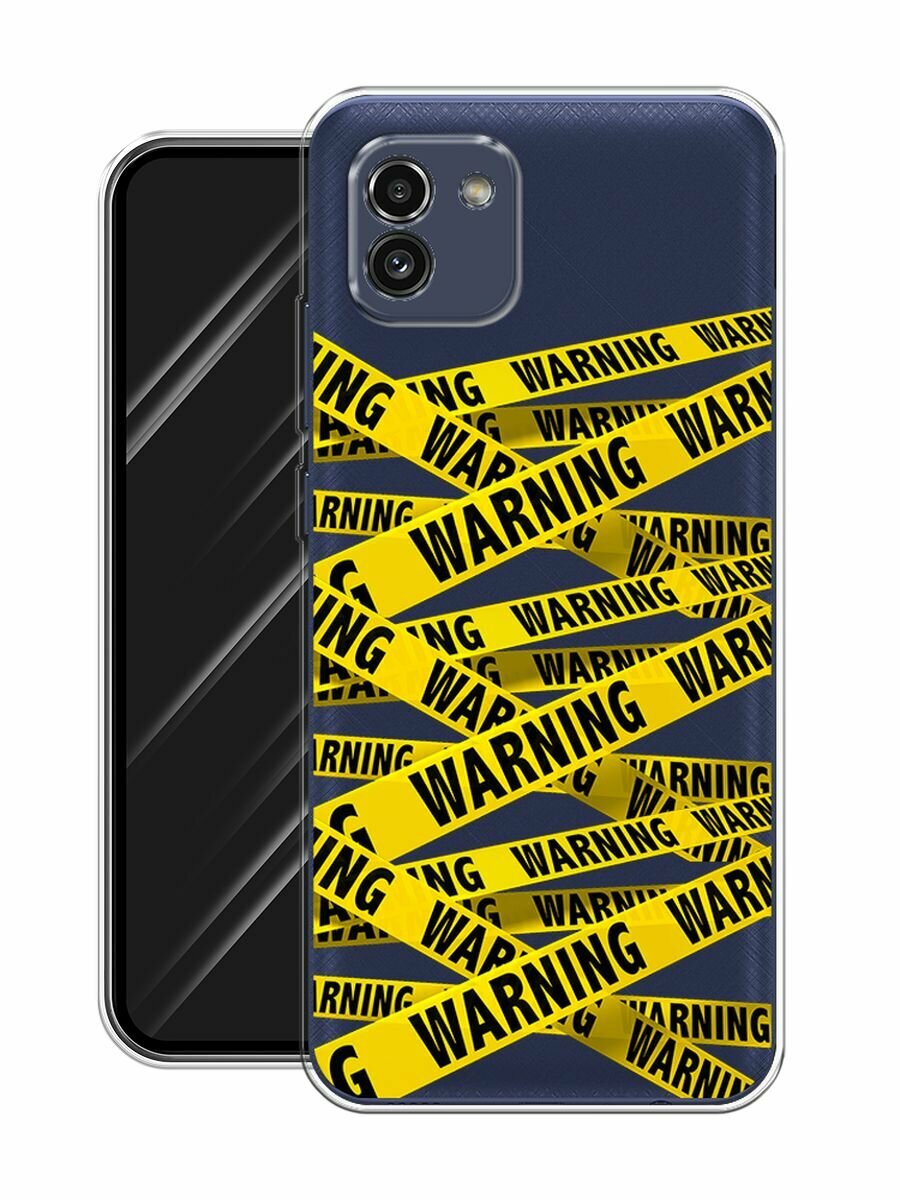 Чехол на Samsung Galaxy A03 / Самсунг Галакси А03 с принтом "Warning!", прозрачный — фото 1