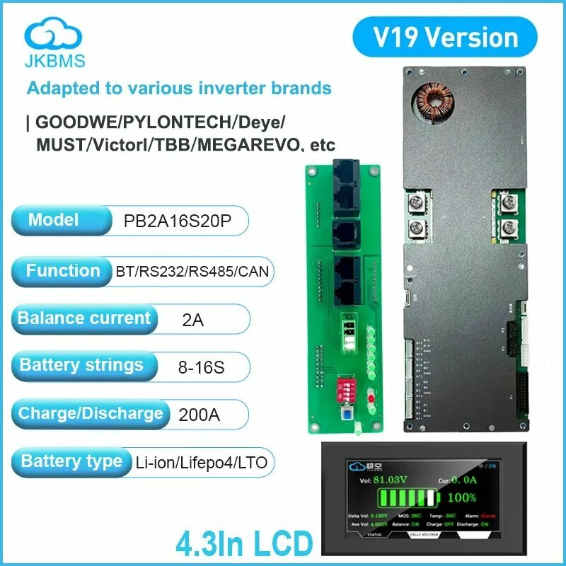 JIKONG JK-PB2A16S20P+4,3-дюймовый ЖК-дисплей Бытовой энергетический инвертор 8S/24 В 16S/48 В BMS Активный балансир 2 А Тепло RS485 Дисплей JKBMS