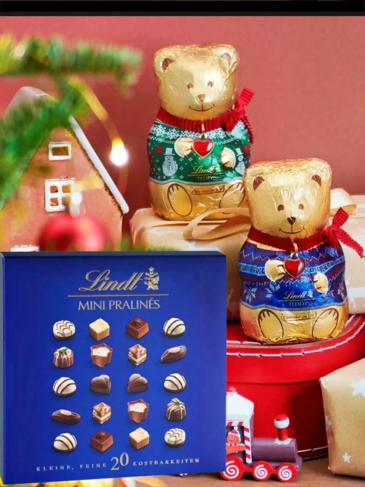 Набор миниатюрных конфет ассорти Линдт Мини-пралине 100г/ Lindt Mini Pralines ASSORTI 100g и 2 медведя из молочного шоколада Lindt Teddy синий и зеленый по 100г каждый