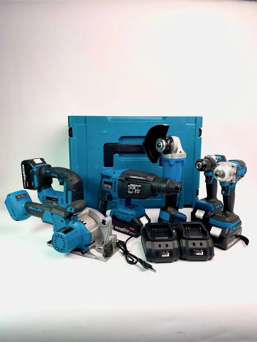 Набор аккумуляторных электроинструментов 6 в 1 / Шуруповерт, Перфоратор, Гайковерт, Лобзик, Болгарка (УШМ), Дисковая пила 21V