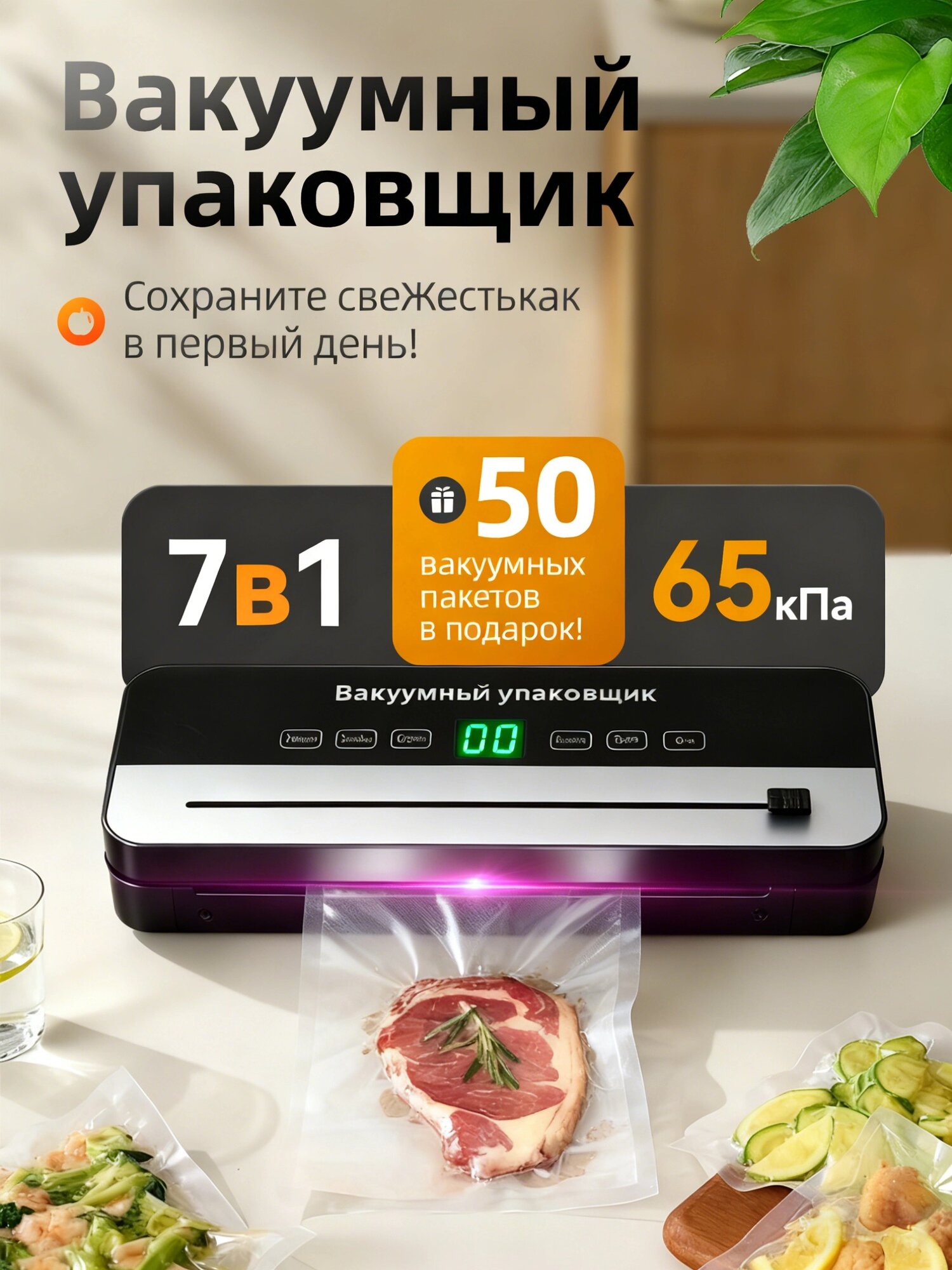 Вакууматор для продуктов, Встроенный нож + 50 пакетов,110 Вт, Вакуумный упаковщик с УФ-стерилизацией