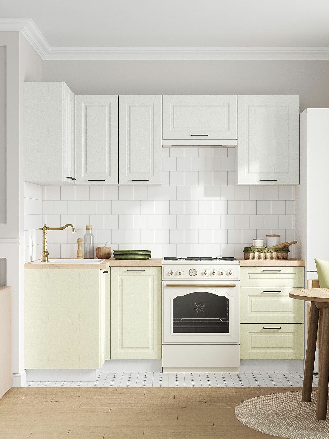 Кухонный гарнитур угловой Шервуд 2.1х1 м, мебель для дома и кухни, Белый / Арктик / Дуб кремовый