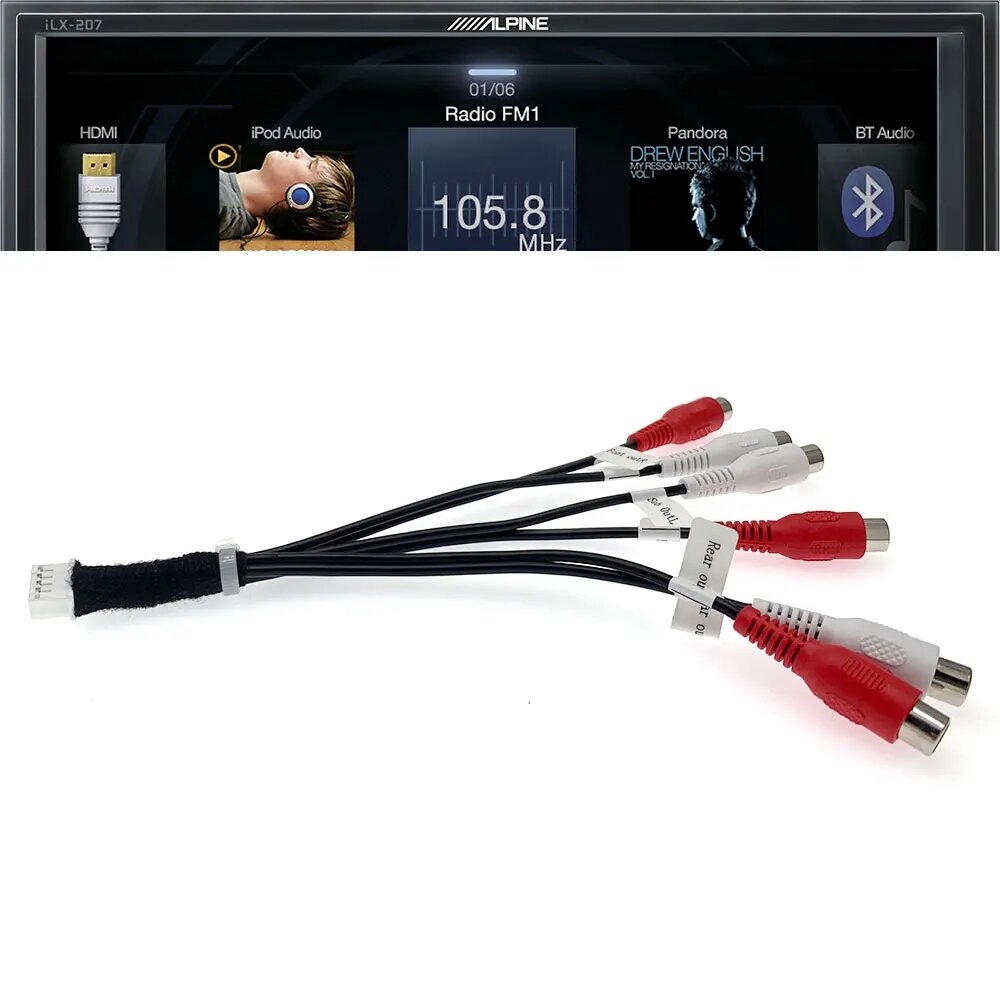 Alpine iLX-207 Комплект аксессуаров для автомобильного радиоприемника — задний сабвуфер, передний выходной жгут проводов RCA, адаптер кабеля сабвуфера