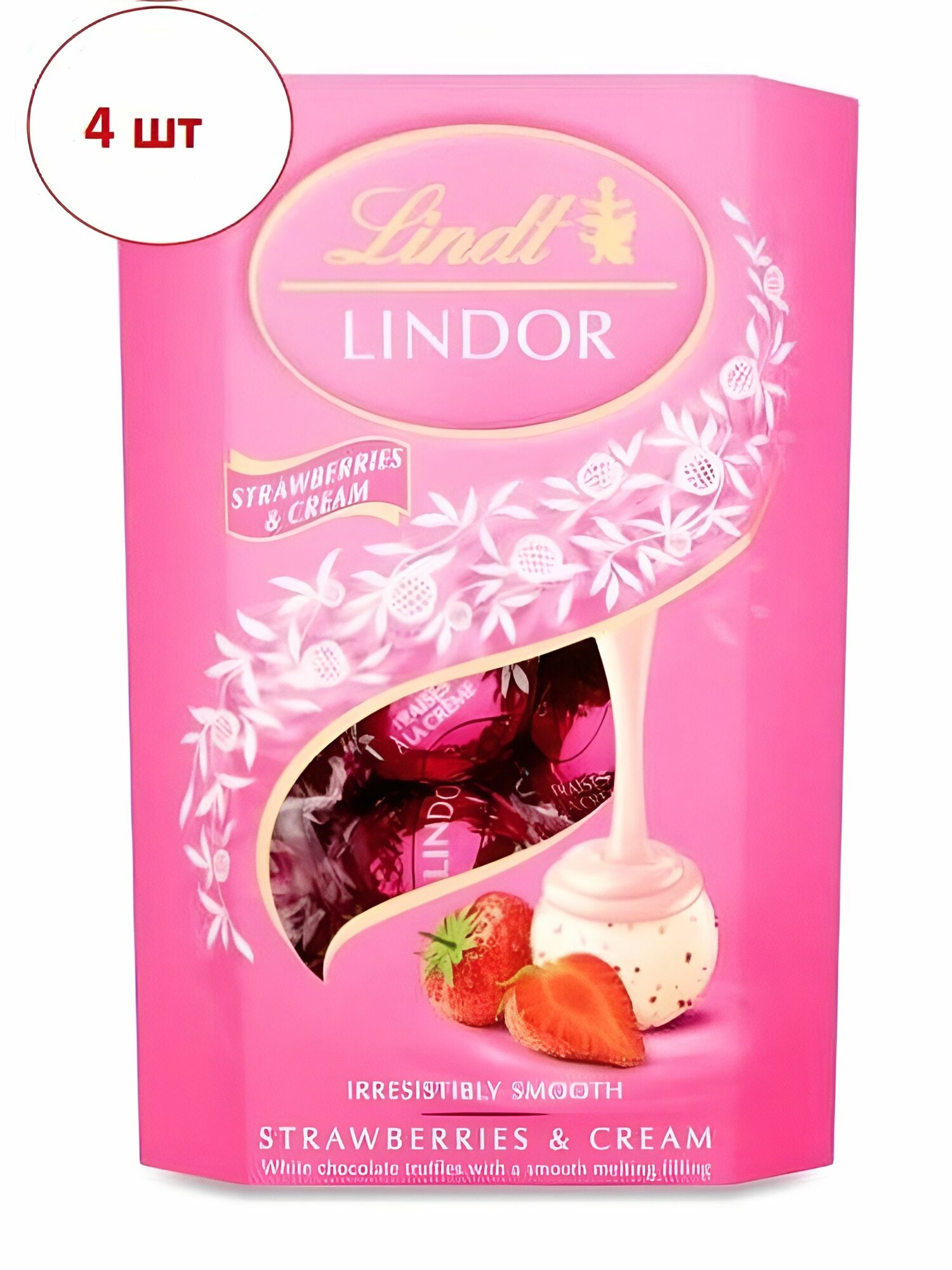 Конфеты шоколадные Lindor Strawberries & Cream (клубника со сливками), 200 гр. 4 шт.