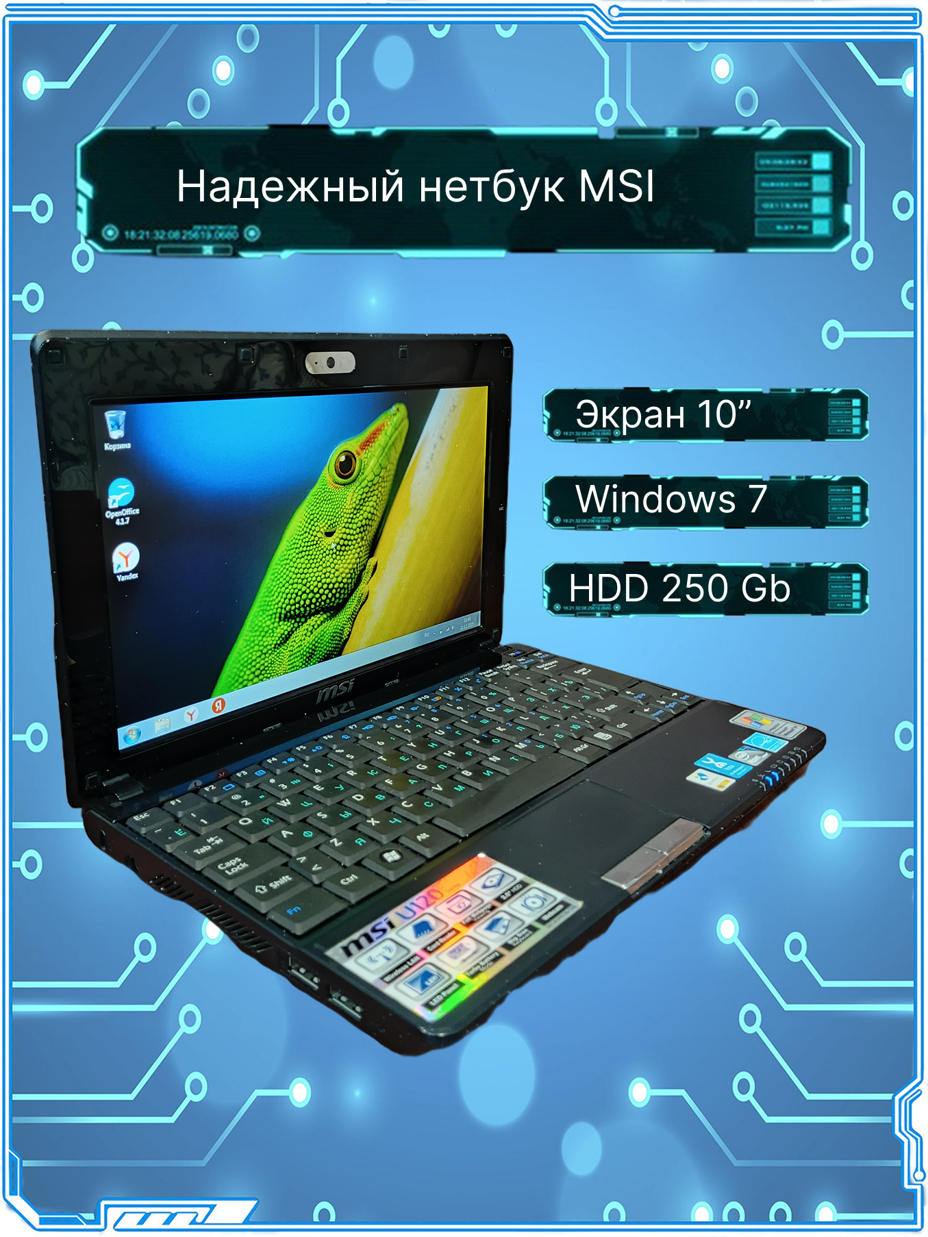 10.1" Нетбук MSI U120 1024x600, Intеl Atоm N270 2x1,6ГГц, RAM 1 ГБ, HDD 250 ГБ, Windows 7, серый. Товар уцененный.