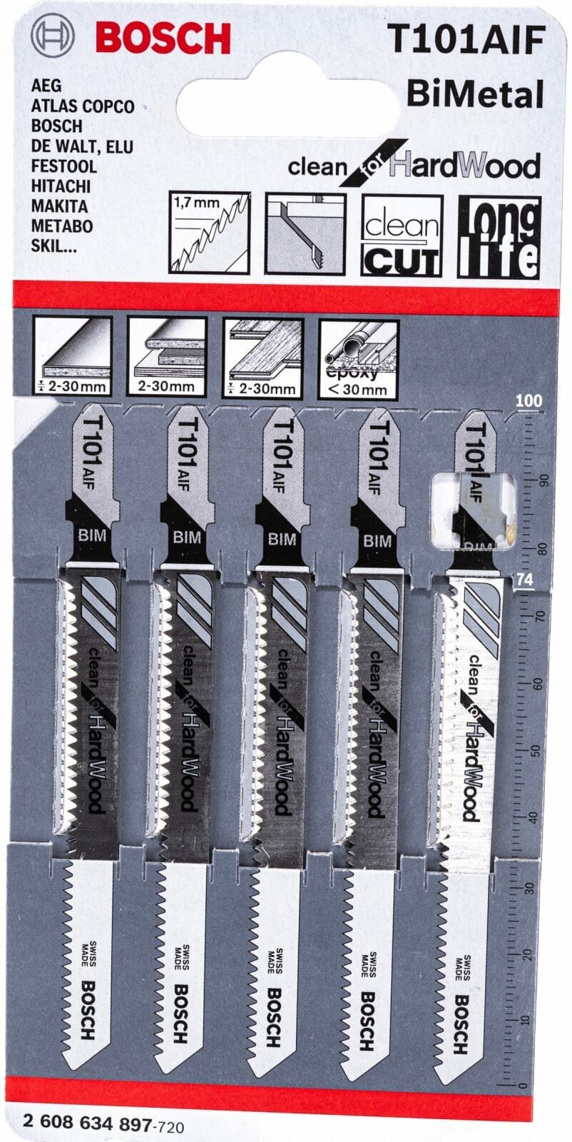 Пилки T101AIF 5 шт. для лобзика (77 мм; хвостовик с 1 упором; чистый пропил, BIM) Bosch 2.608.634.897