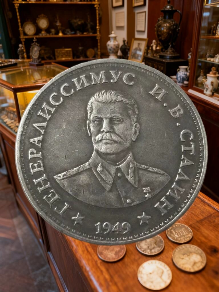 Это памятная монета с портретом Иосифа Виссарионовича Сталина.
