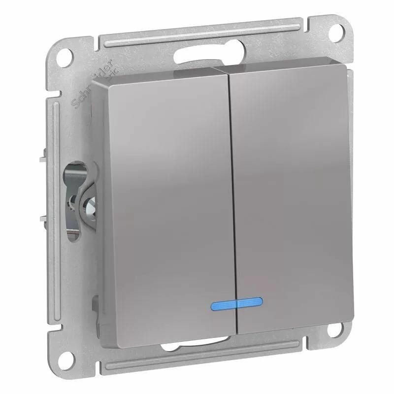 Выключатель Systeme Electric "AtlasDesign", 2 клавиши, 10 А, IP20, 10AX, с подсветкой, механизм, цвет Алюминий
