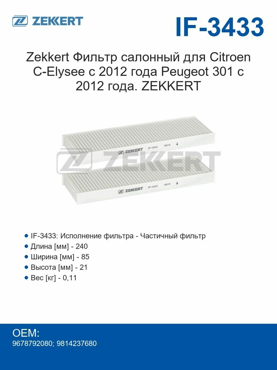 Zekkert Фильтр салонный для Citroen C-Elysee с 2012 года Peugeot 301 с 2012 года. ZEKKERT