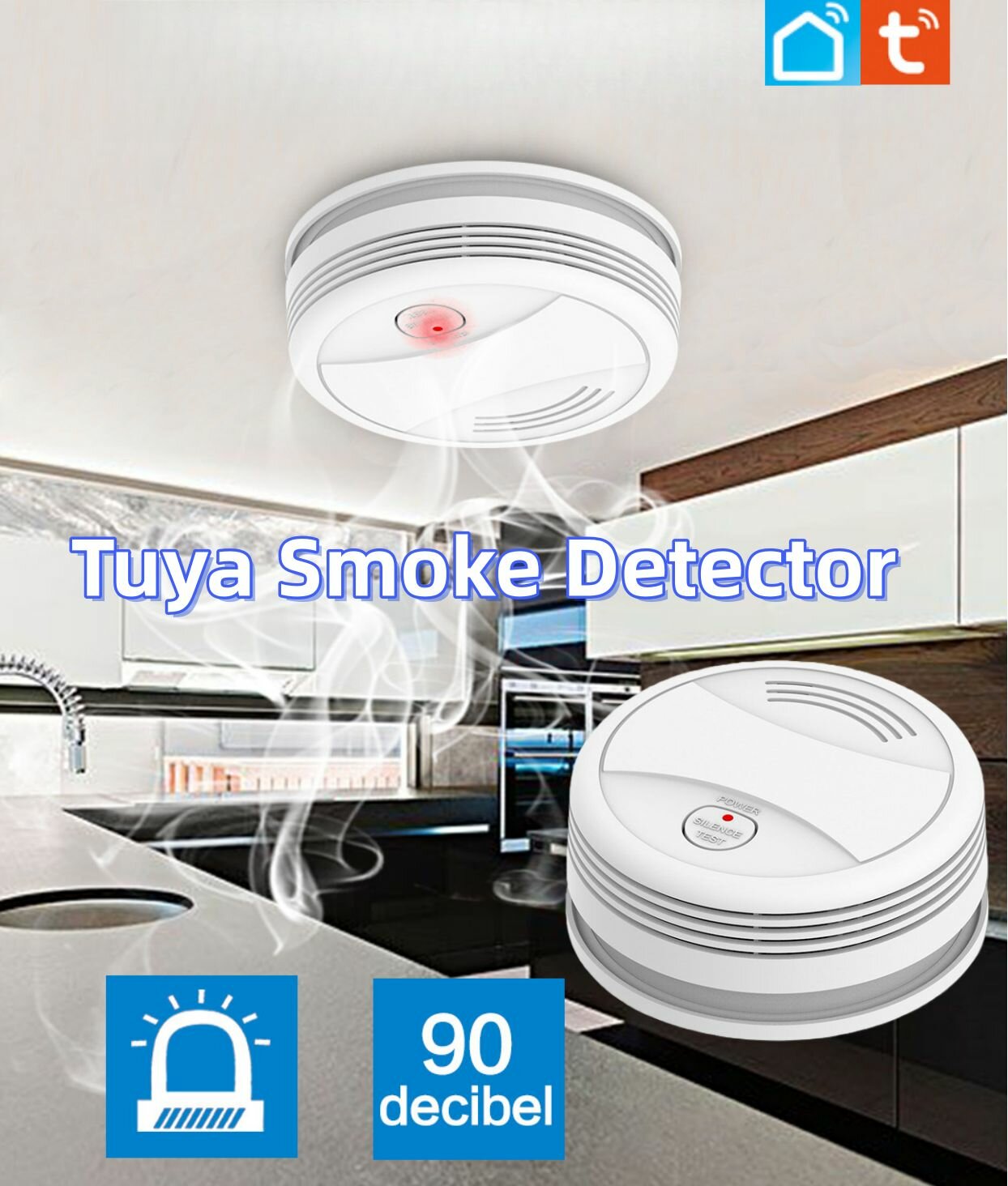 Умный Wi-Fi датчик дыма Tuya, фотoэлектрический сенсор, громкая сирена 90 дБ, оповещение через приложение, пожарная сигнализация для дома и офиса