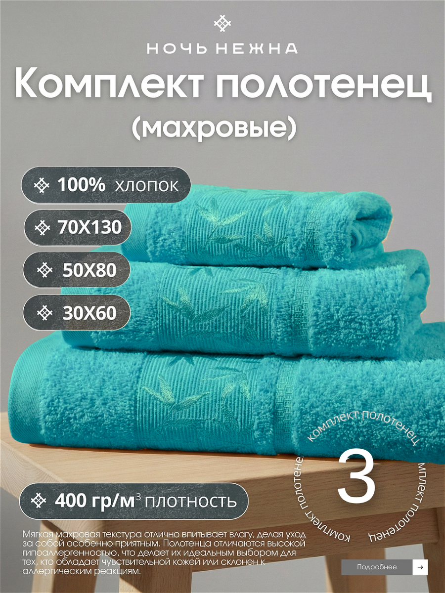 Полотенце банное набор Ночь Нежна "Decorative" 30х60, 50х80 и 70х130см цвет морская волна; полотенце махровое