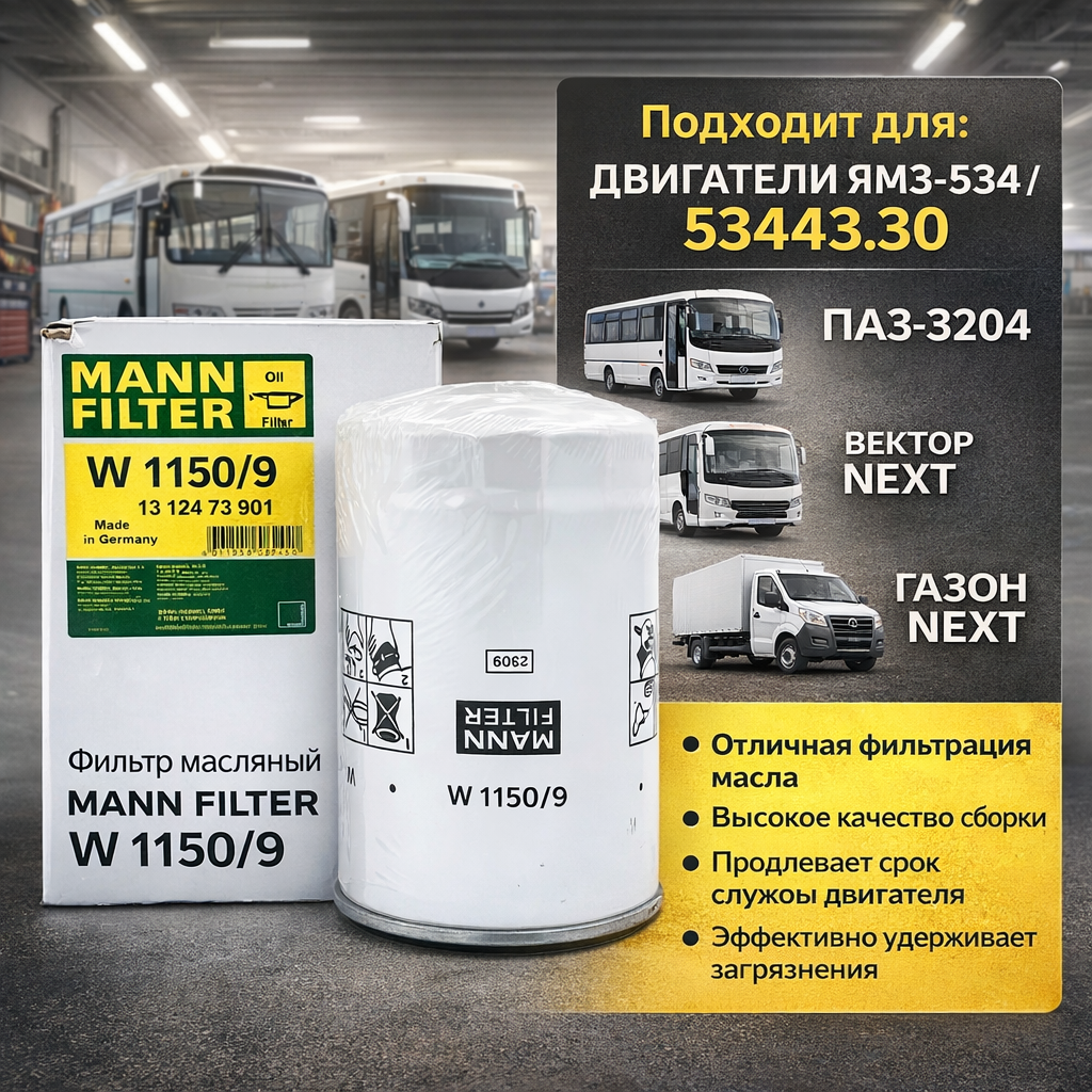 Фильтр масляный MANN FILTER W1150/9 Подходит для: двигатели ЯМЗ-534/53443.30 (ПАЗ-3204, Вектор NEXT, Газон NEXT)