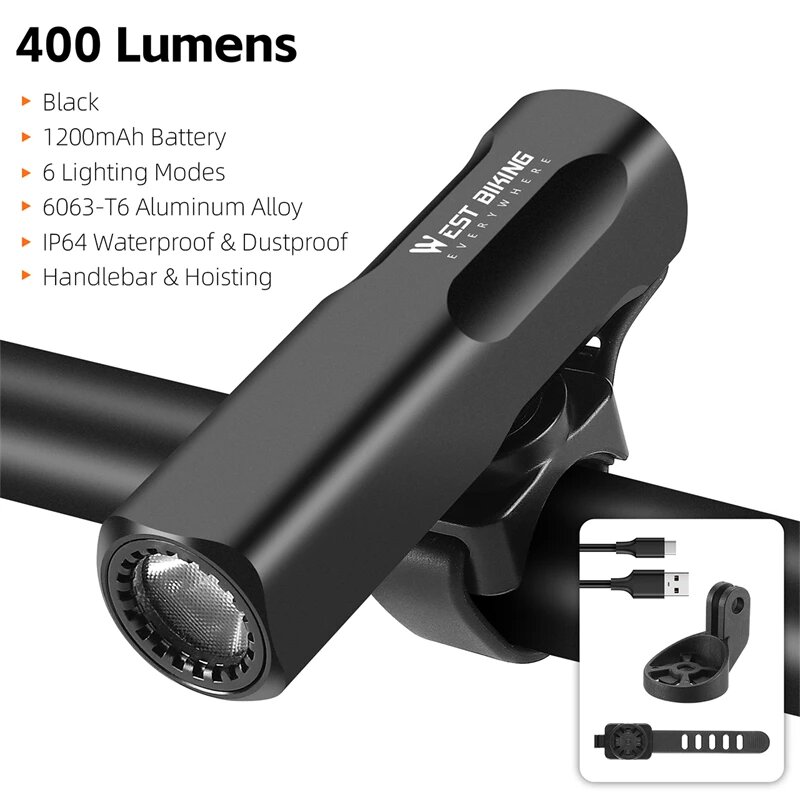 Велофонарь West Biking 400 люмен, черный, 1200mAh