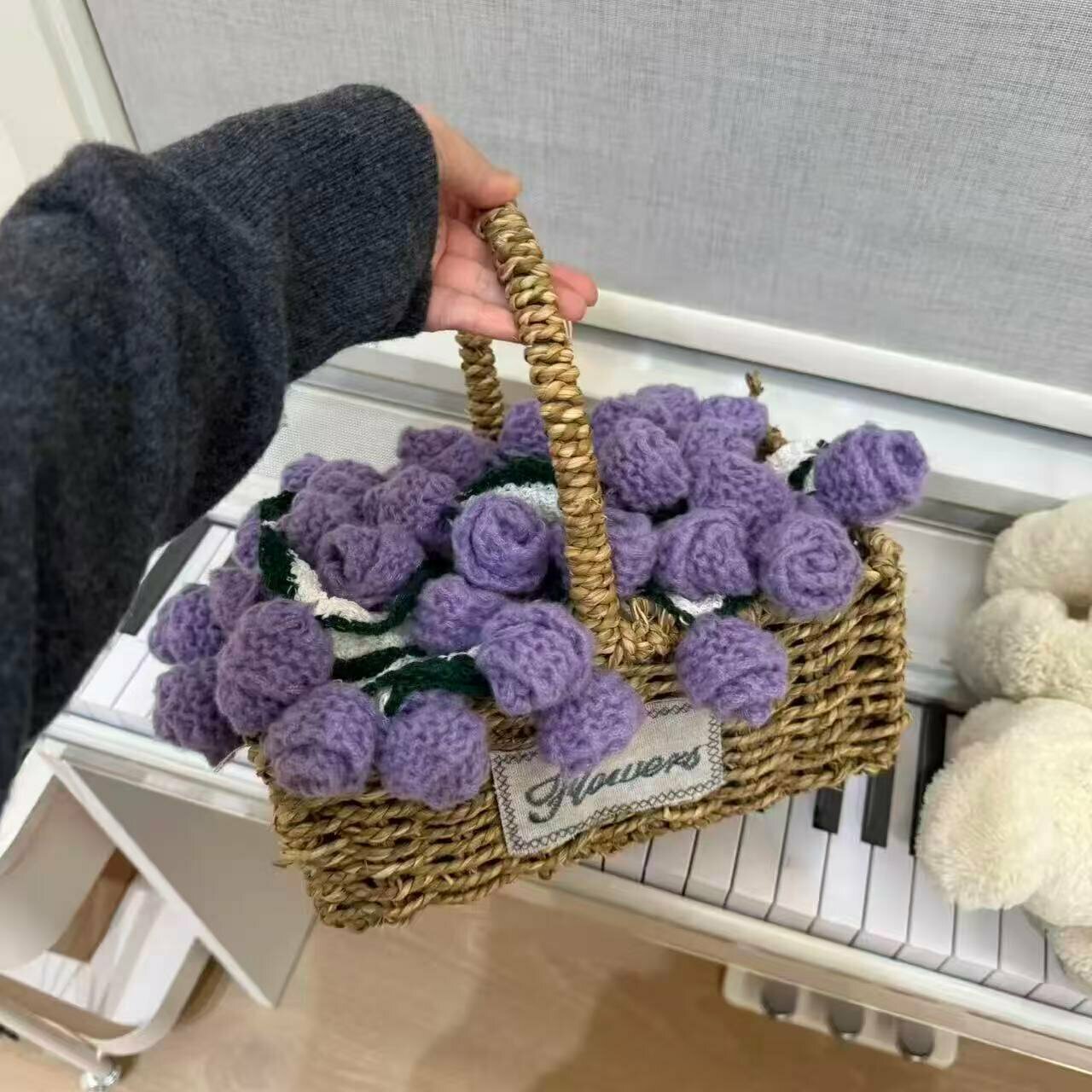 Плед с букетом роз, вязаный крючком, для дома и подарка，52 цветка，фиолетовый