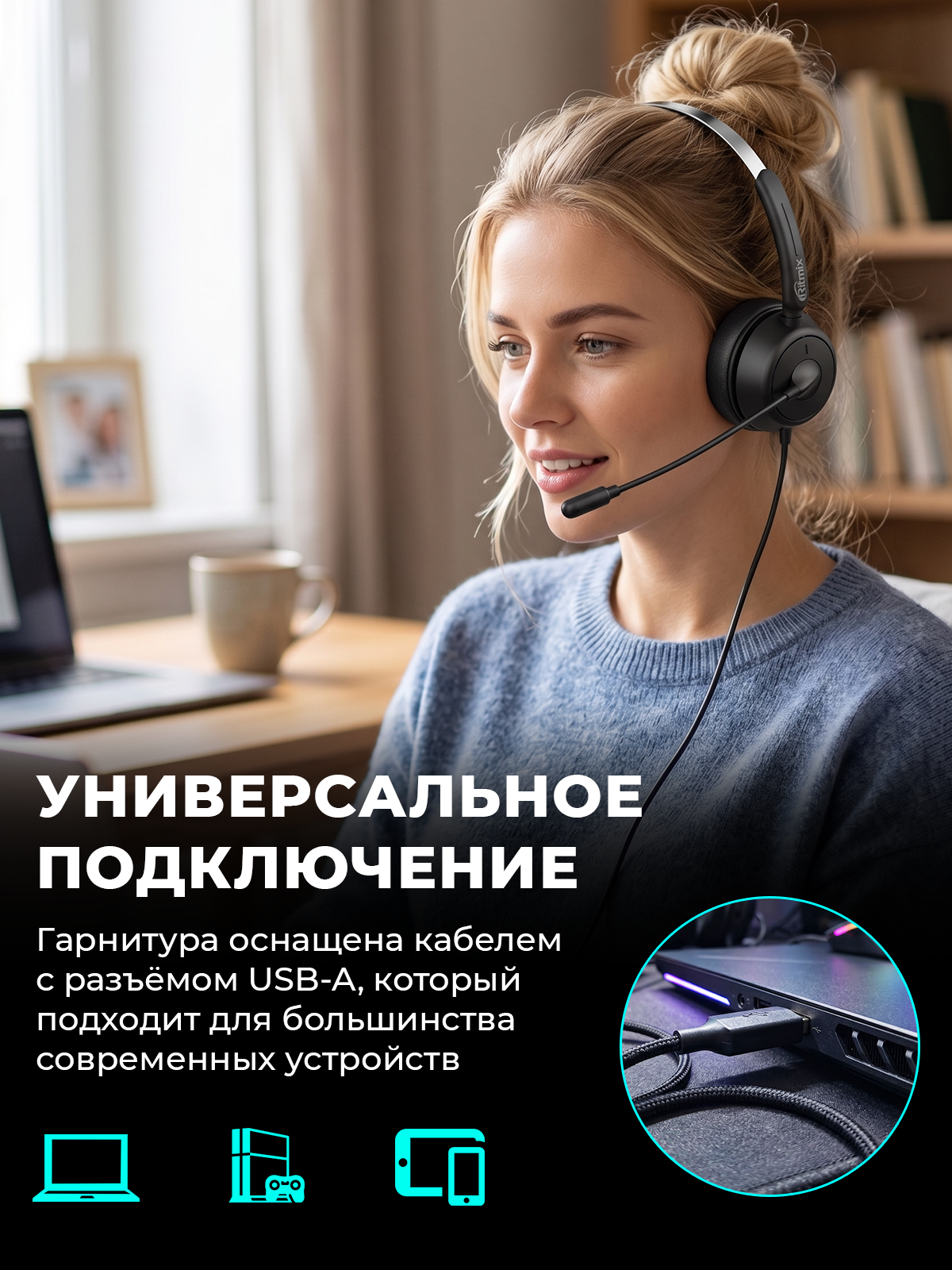 Наушники RITMIX RH-563USB Чёрные, проводные, компьютерные, USB — фото 1