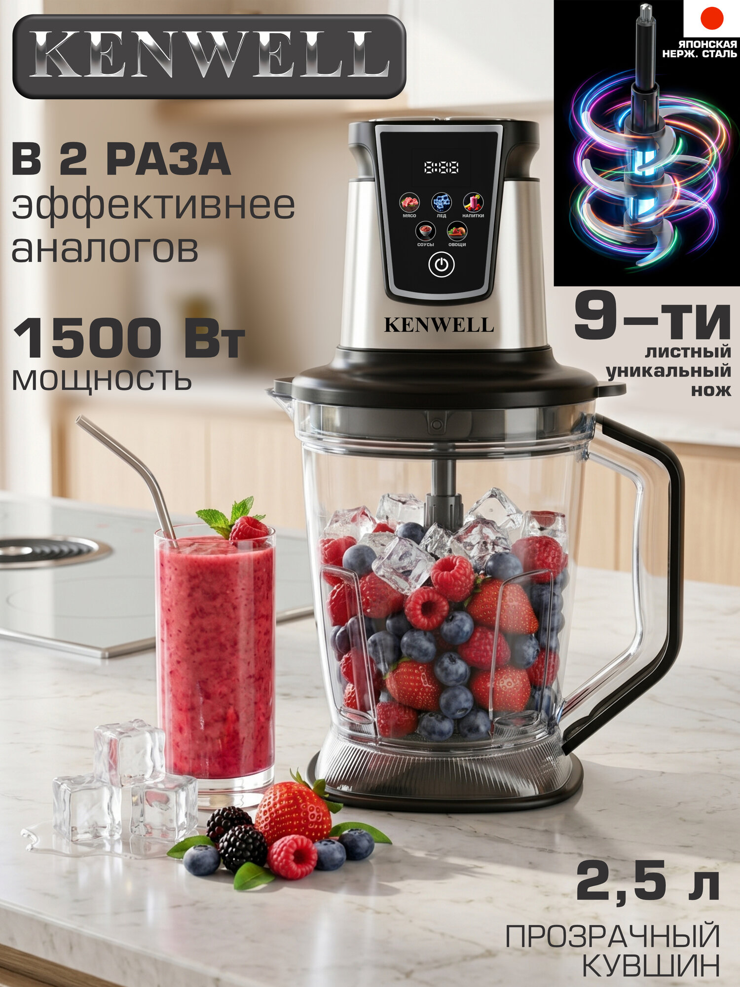 Мультифункциональный кухонный измельчитель, блендер, мясорубка, 1500 Вт, 2 в 1