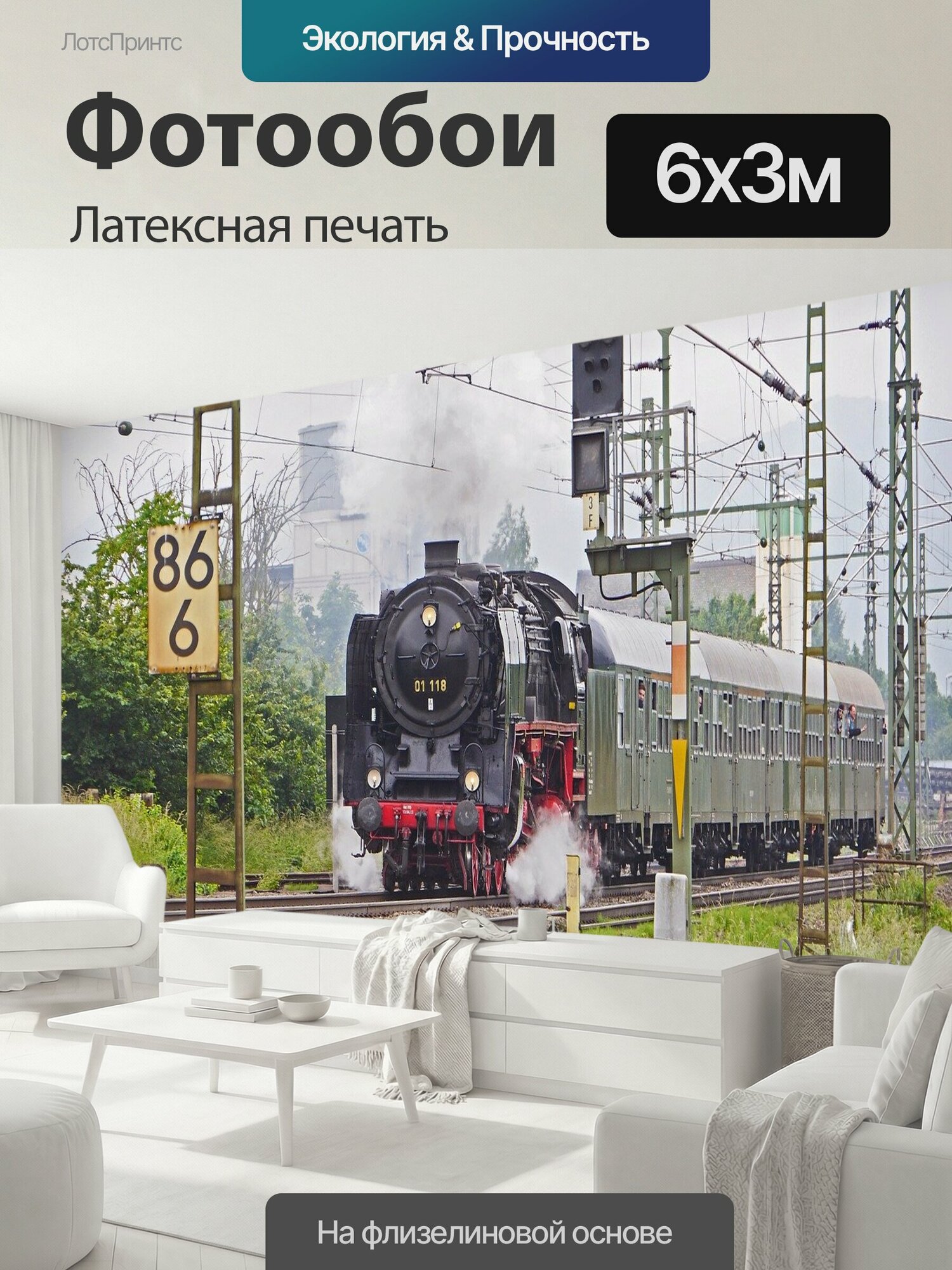 Фотообои моющиеся ударопрочные "Полный пара, поезд-экспресс, специальный поезд" 600x300 см. латексная печать
