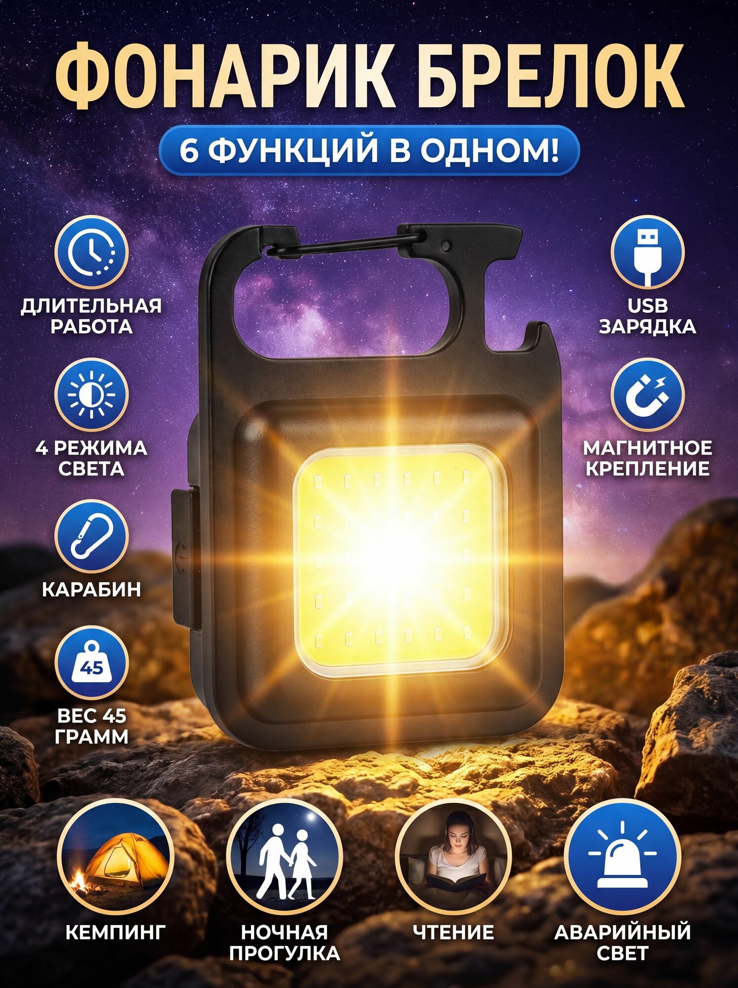 Фонарик брелок аккумуляторный с магнитом и карабином, 4 режима