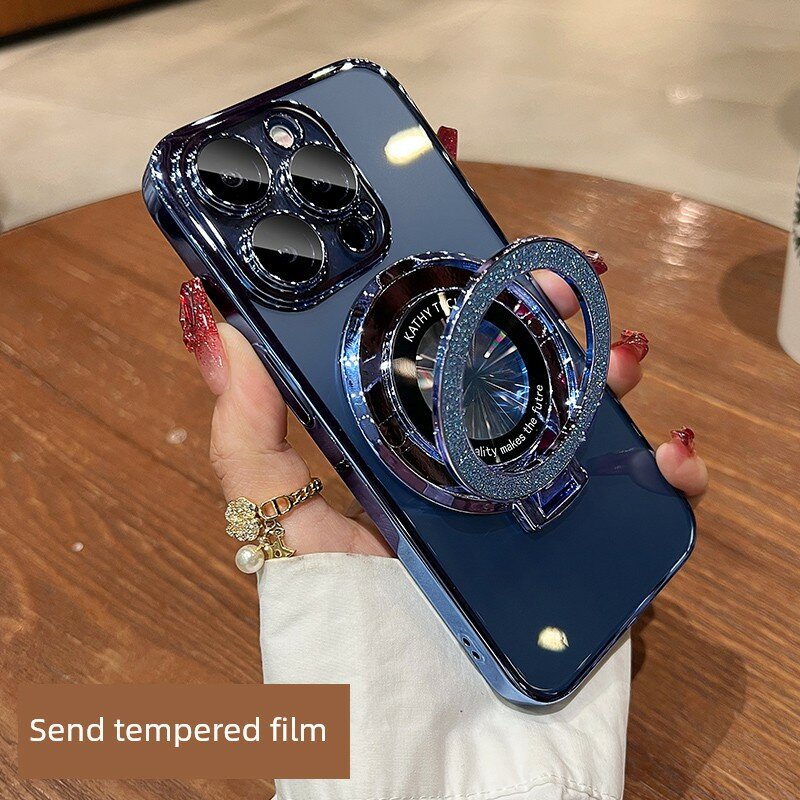 IPhone 15 Plus Силиконовый чехол с блестками, с магнитной подставкой, прозрачный, глубокий синий