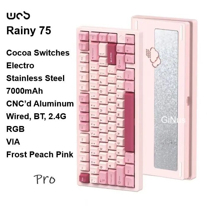 Игровая клавиатура беспроводная Rainy75 Pro, FrostPeachPink, RGB, CocoaSwitches, Electro, Английская раскладка, светло-розовый, белый