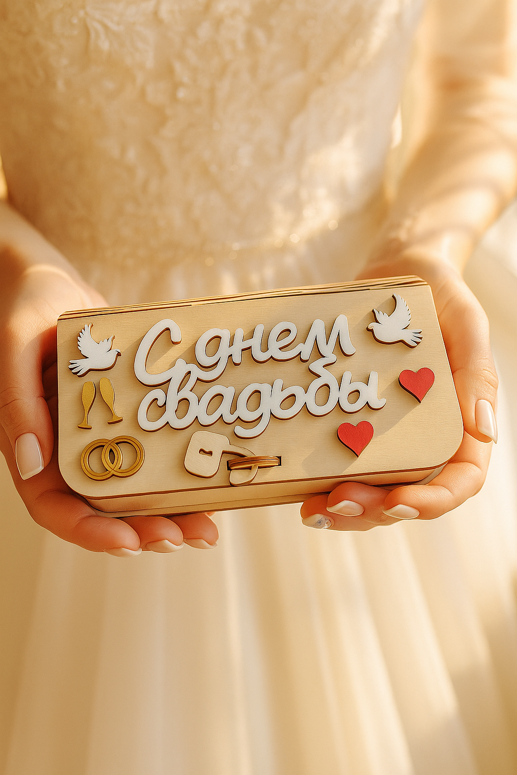 Конверт для денег деревянный, купюрница "С днем свадьбы"