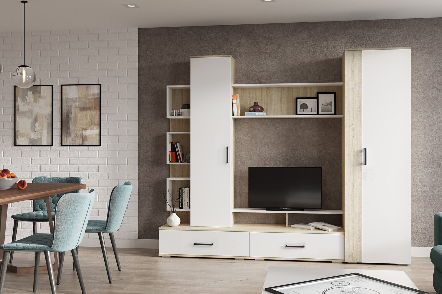 Стенка для гостиной Даллас, 239,6х202х45,3 см, цвет дуб сонома/белый шагрень