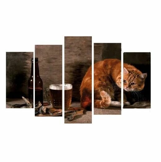 Modul007 Модульная картина для интерьера на стену "Кот с квасом" 140х80 см, 5 модулей