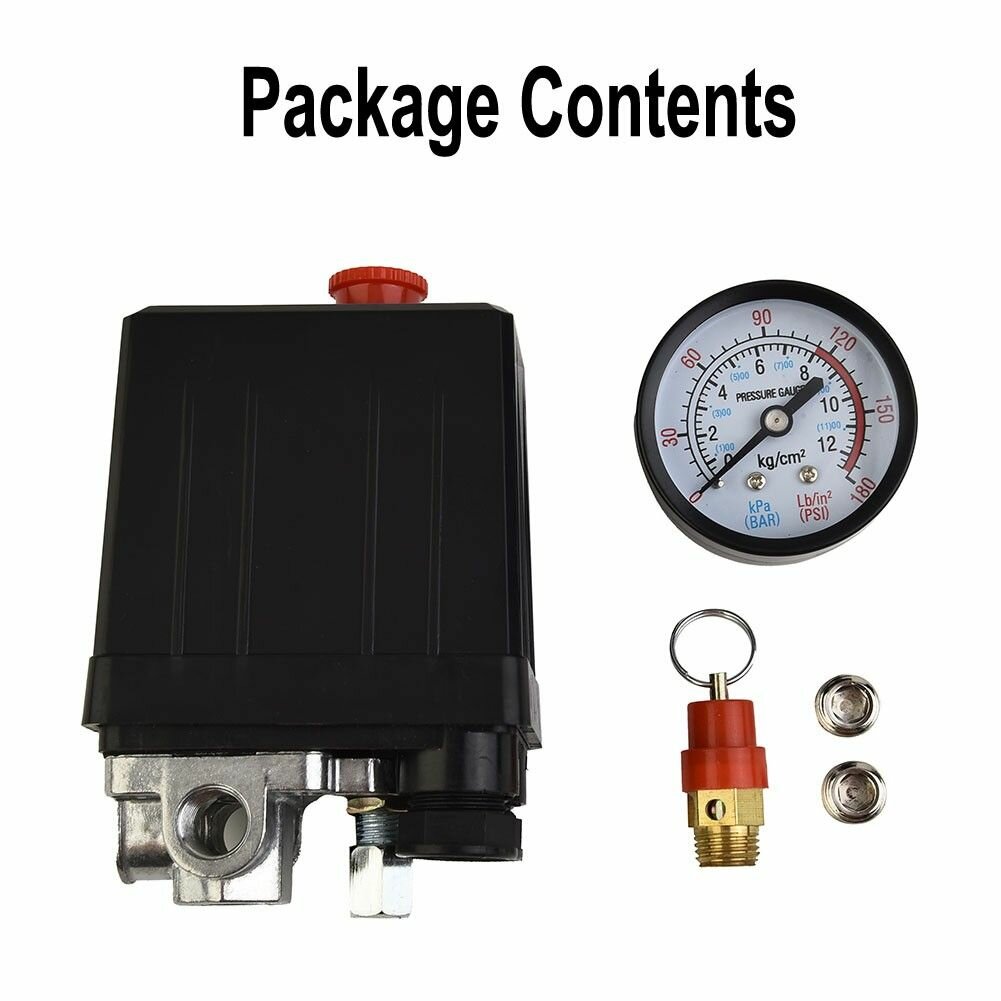 Реле давления компрессора 175 psi (12 бар) 4-порт 1/4 BSP 220В с манометром и предохранительным клапаном для цеха