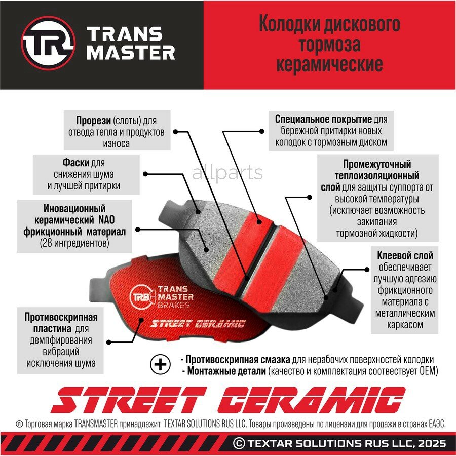 TRANSMASTER TR962 Колодки дискового тормоза керамические задняя ось для а/м GEELY EMGRAND 7 NEW SS12 TRANS MASTER TR962