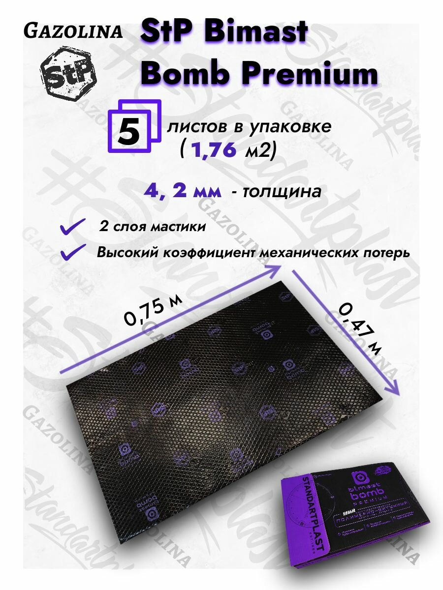 StP Bimast Bomb Premium (0,75х0,47 м) (5 листов)/ СТП Бимаст Бомб Премиум/ Шумоизоляция для автомобиля