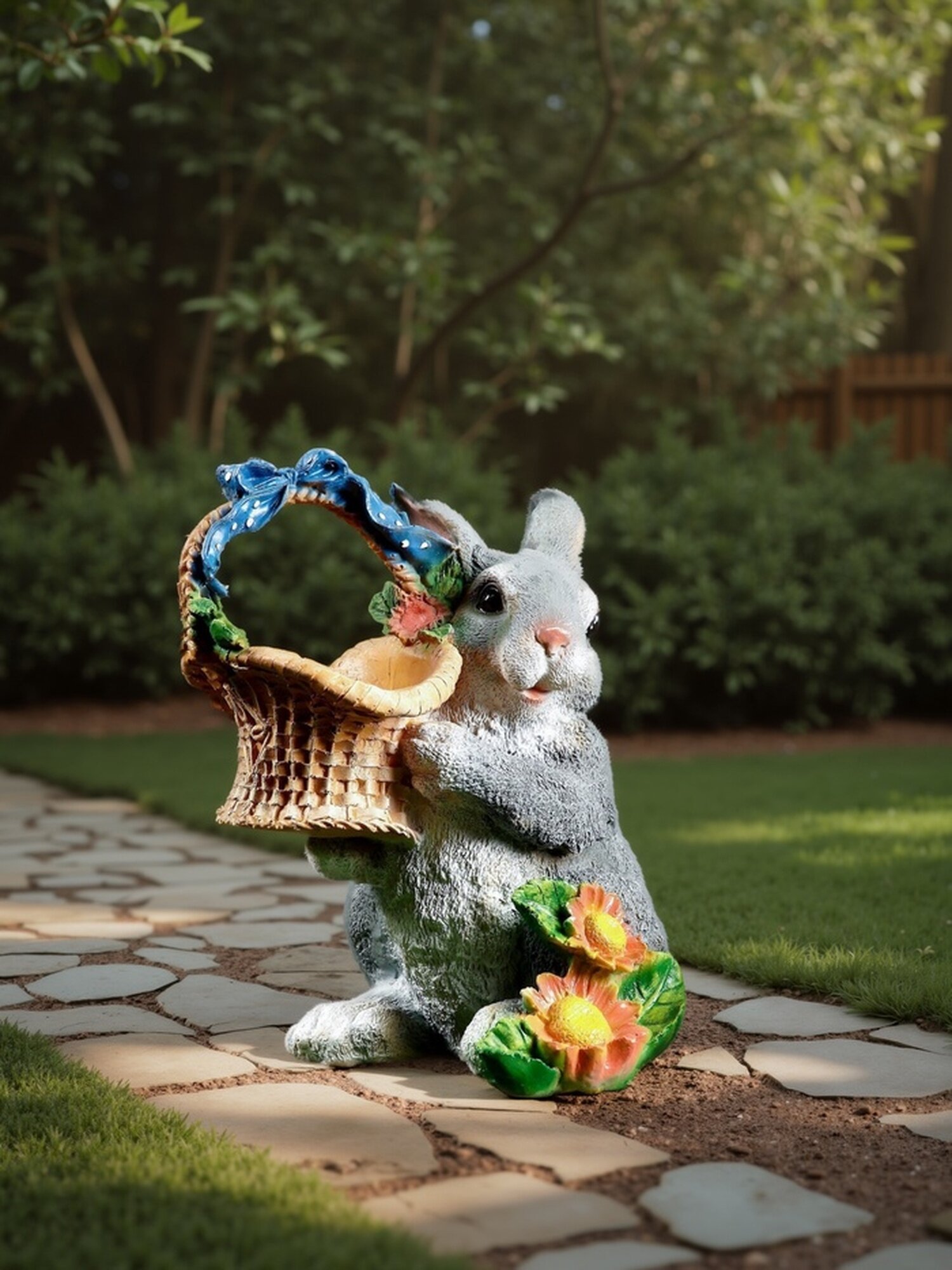 Садовая фигура Хорошие сувениры "Зайка с лукошком", полистоун, разноцветная, 29 см х 26 см х 32 см