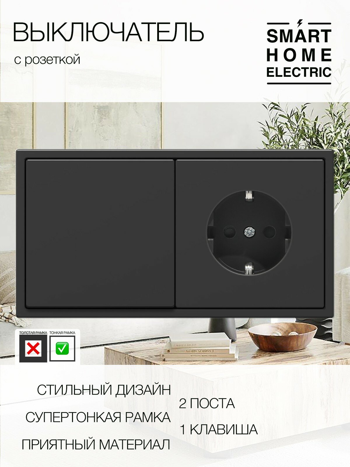 Выключатель света с розеткой, 2 поста (1кл.+1роз.)