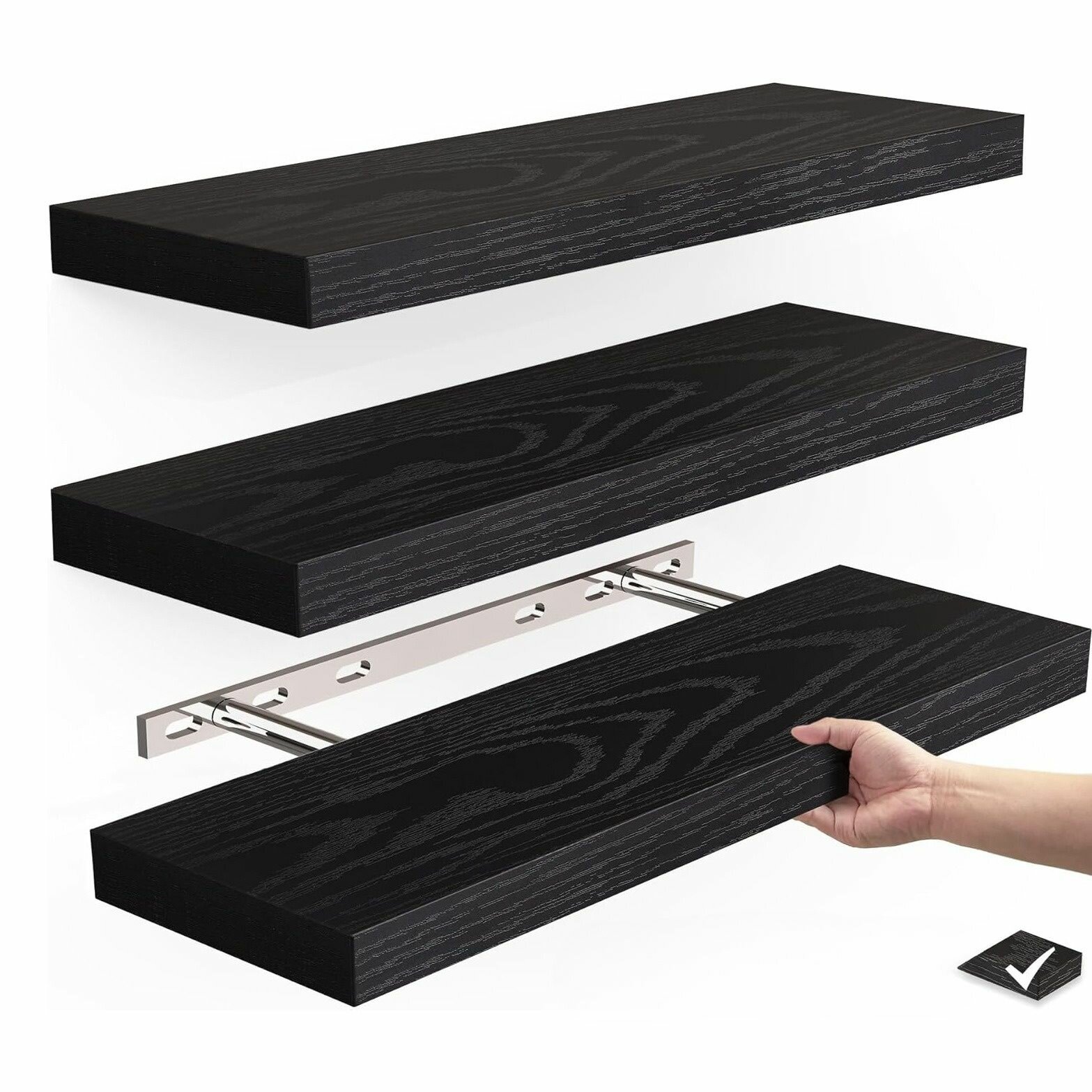 Парящие настенные черные полки с невидимыми кронштейнами, набор из 3 шт.