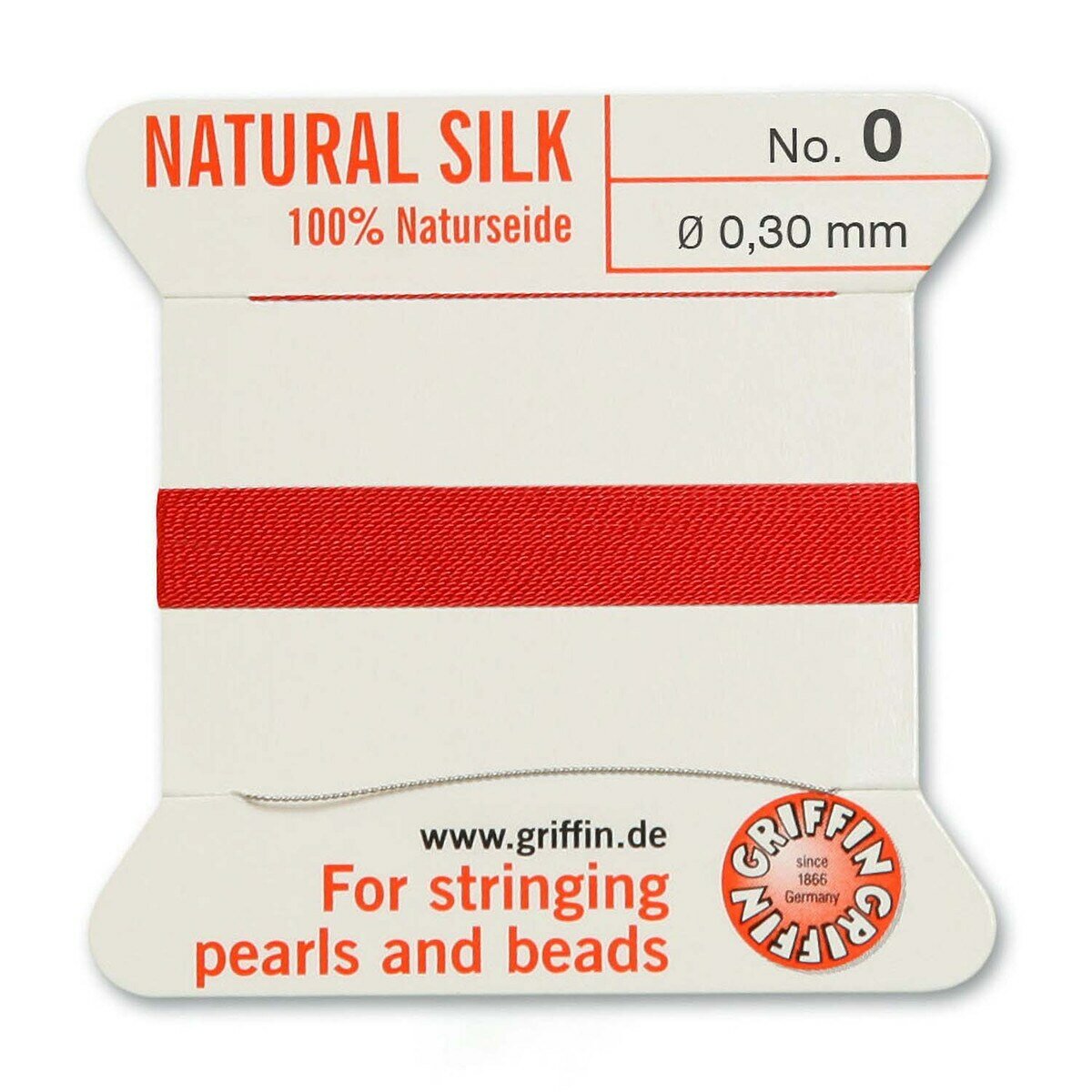 Нить шелковая, Griffin No.0 (0.3мм), красная, с иглой, моток, 2 метра